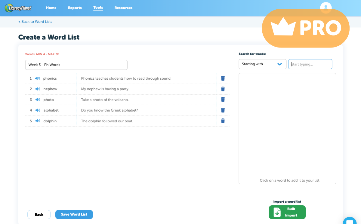 Custom Word List | LiteracyPlanet